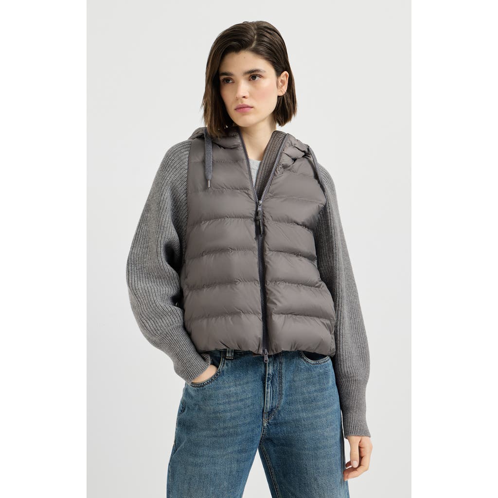 BRUNELLO CUCINELLI Brunello Cucinelli Water-Resistant Matte Nylon Hooded Down Jacket with Monili and Virgin Wool Sleeves